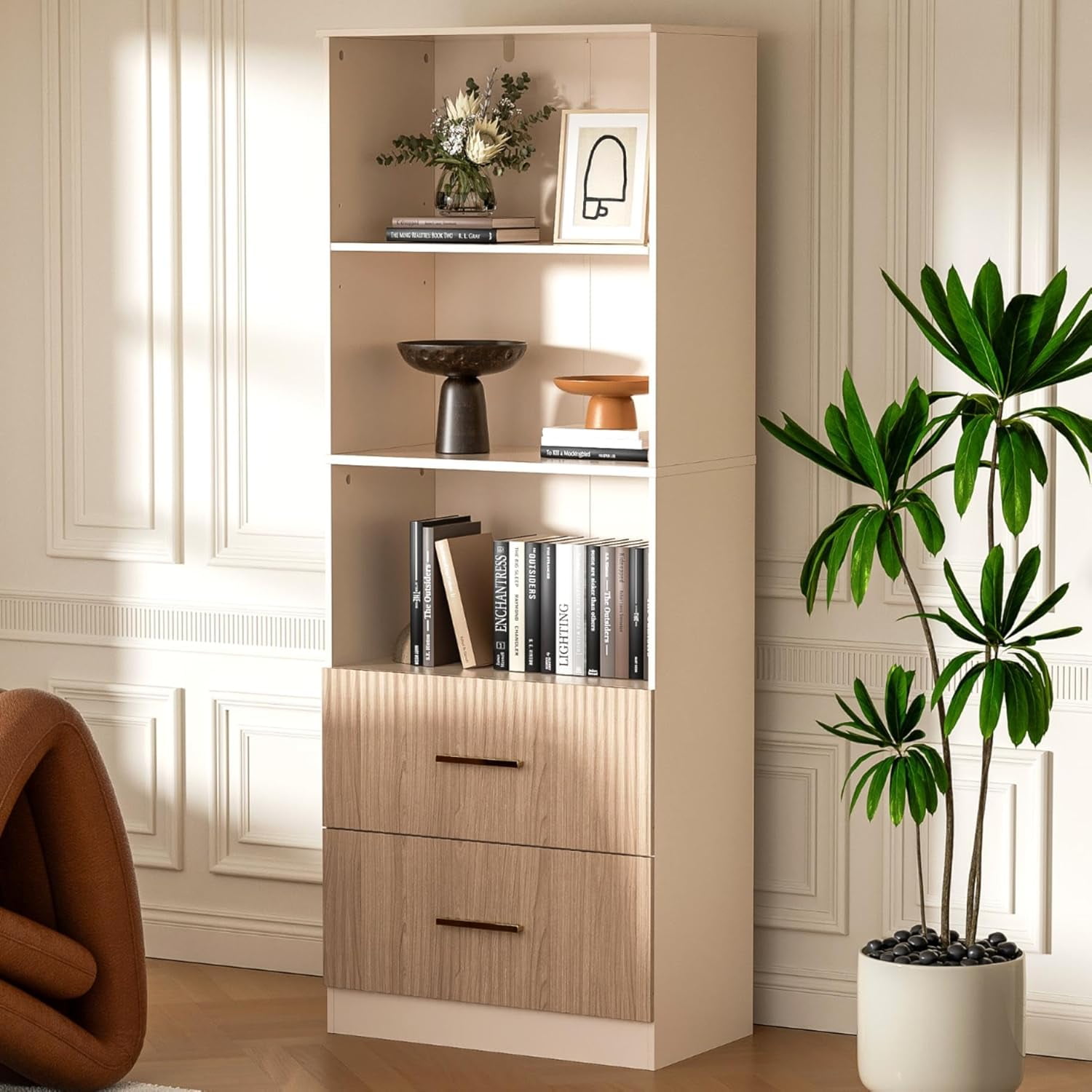 Oak Bookshelf with Drawers, 63" Tall Bookshelf with Storage, 3 Shelf ...