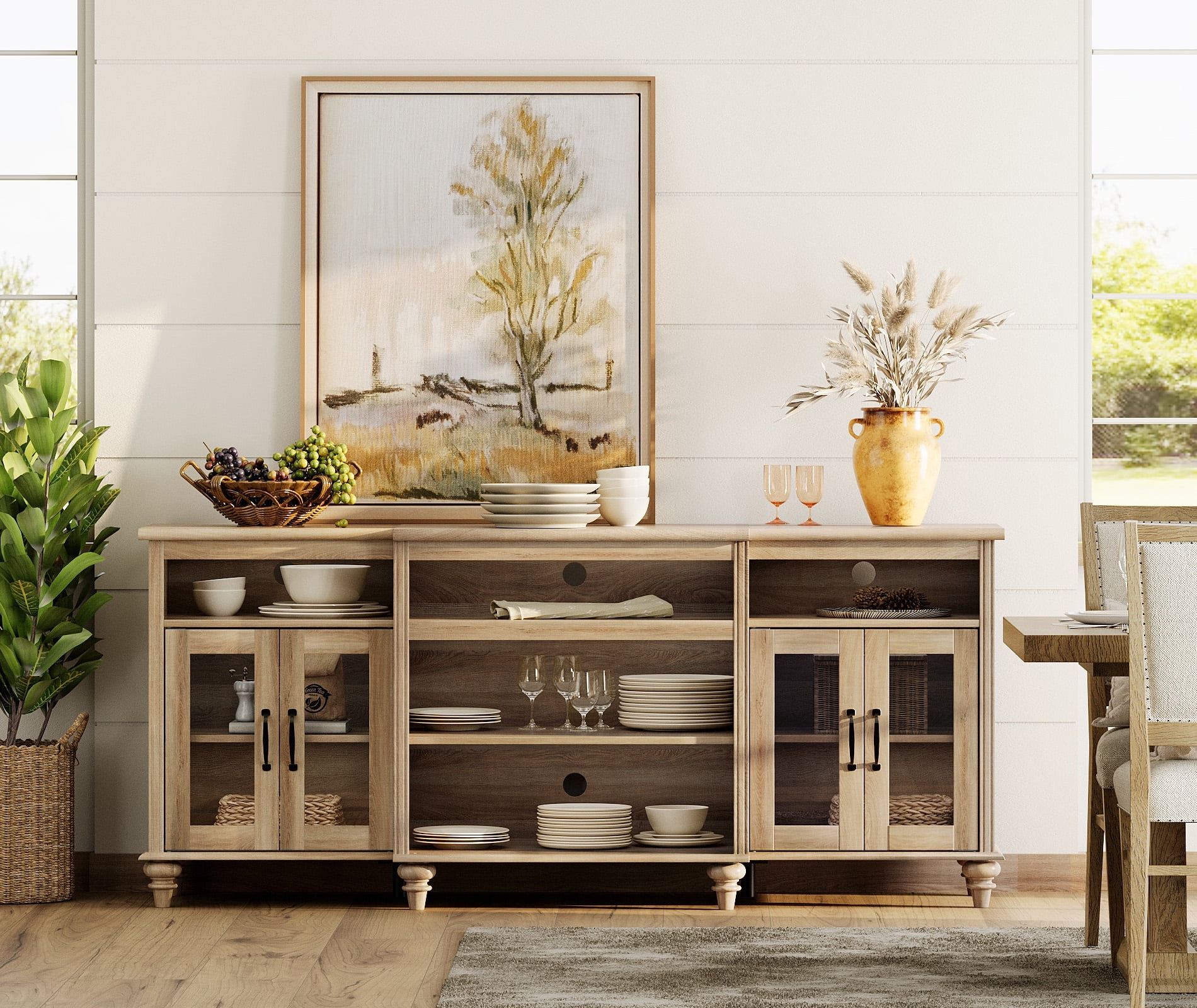 Oak Buffet Cabinet with 4 Glass Doors, Large Coffee Bar Tables with 9 ...