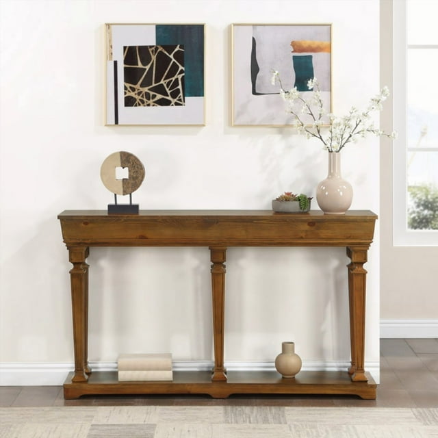 Oak Console Table with Bottom Shelf - Wood Legs & Storage|Rectangular ...