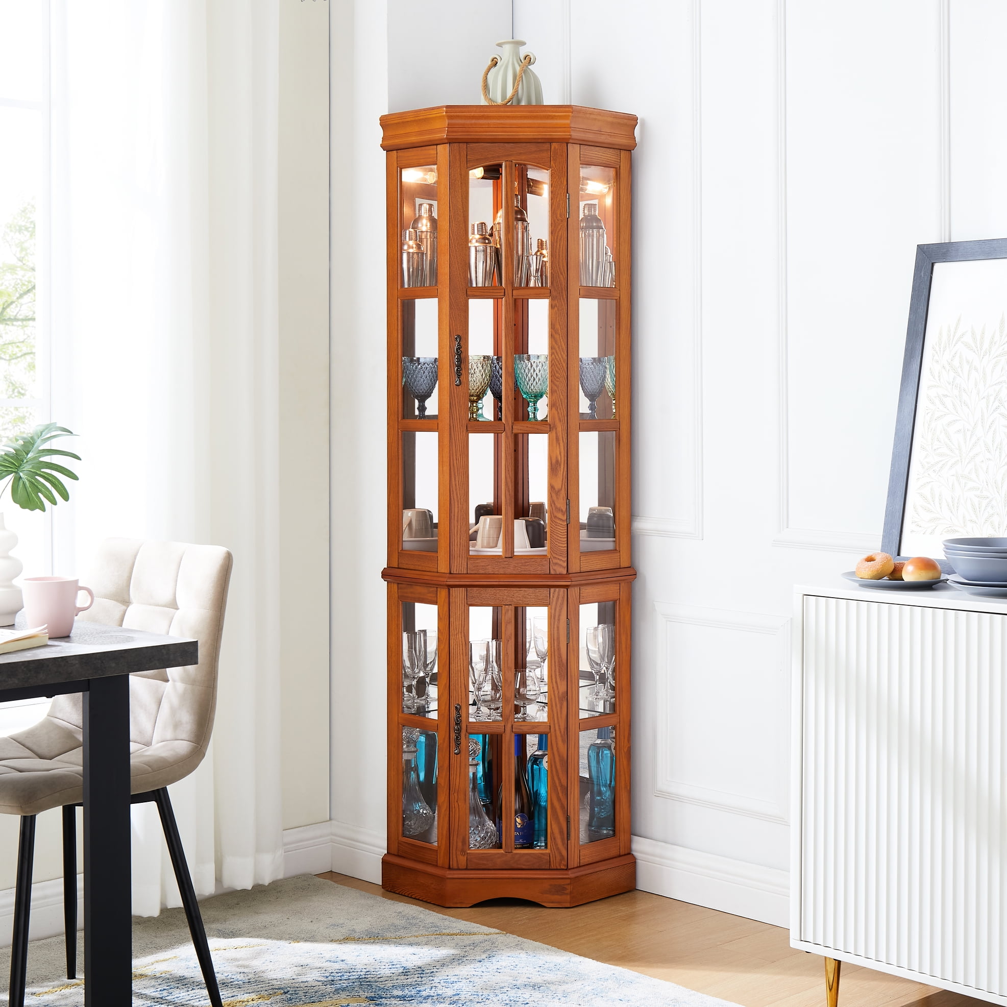 Oak Corner Curio Cabinet With 5 Shelf Configuration And 5-shelf Setup Lighting, Oak Look ...