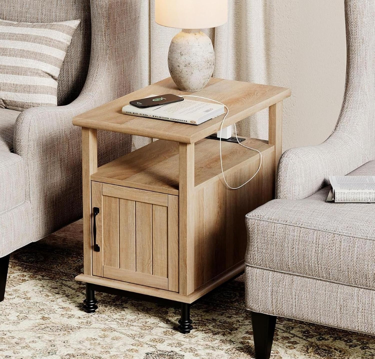 Oak End Table with Charging Station, Sofa Side Table with Storage ...