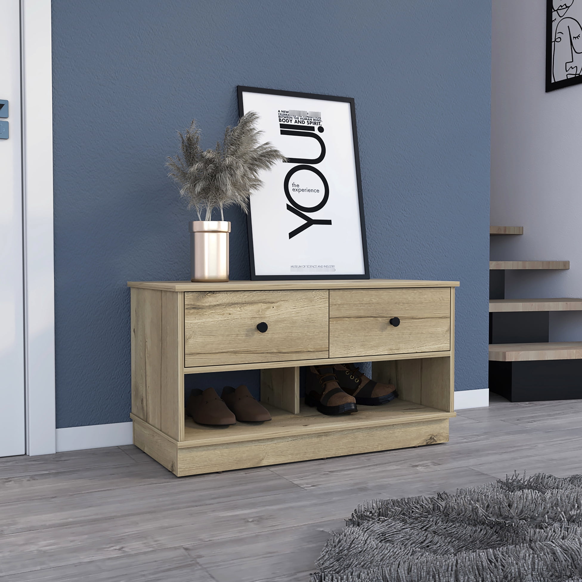 Oak Finish Storage Bench With Two Functional Drawer Units And Shelving ...