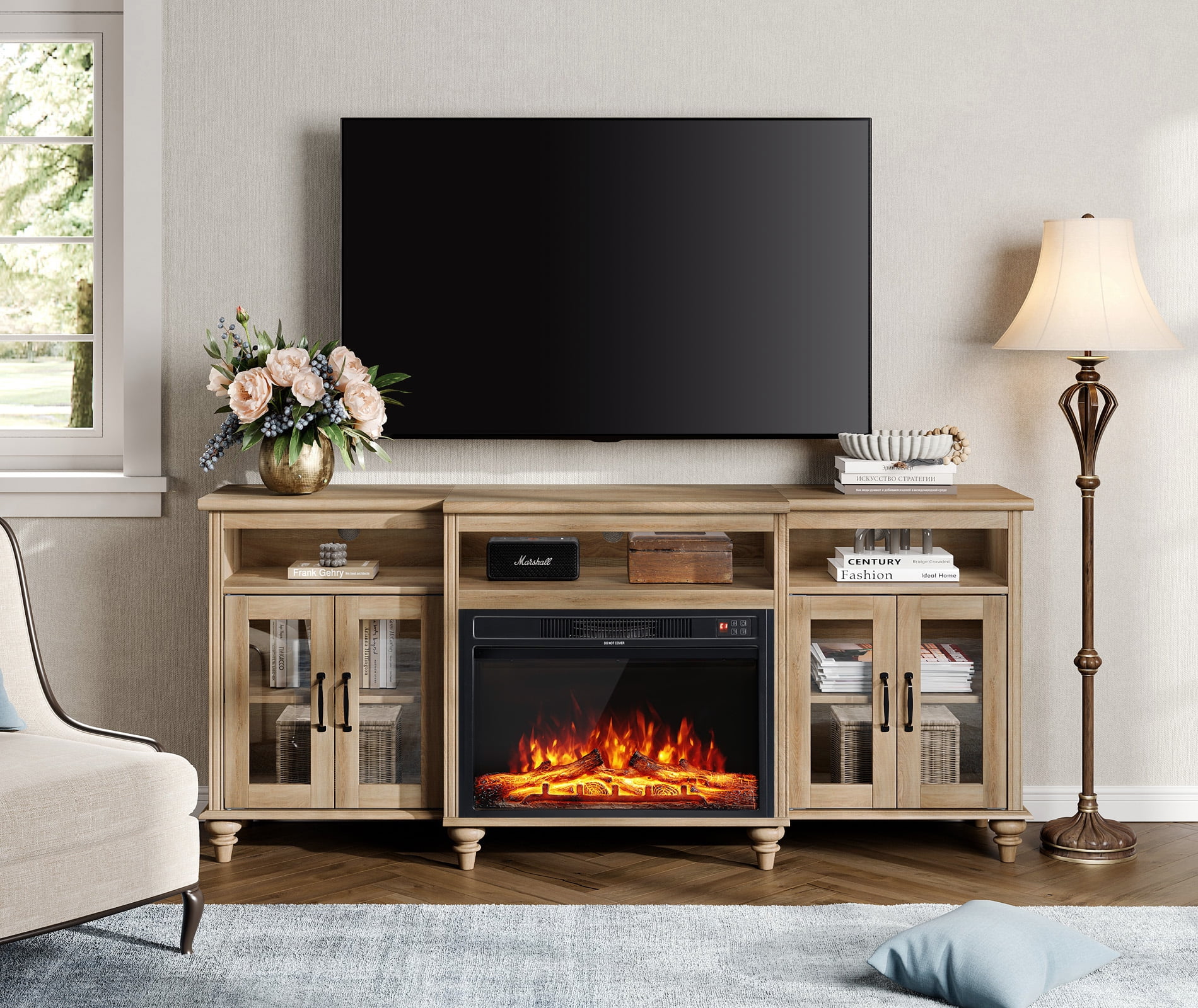 Oak Fireplace TV Stand for 75 inch TV, Farmhouse Entertainment Center ...