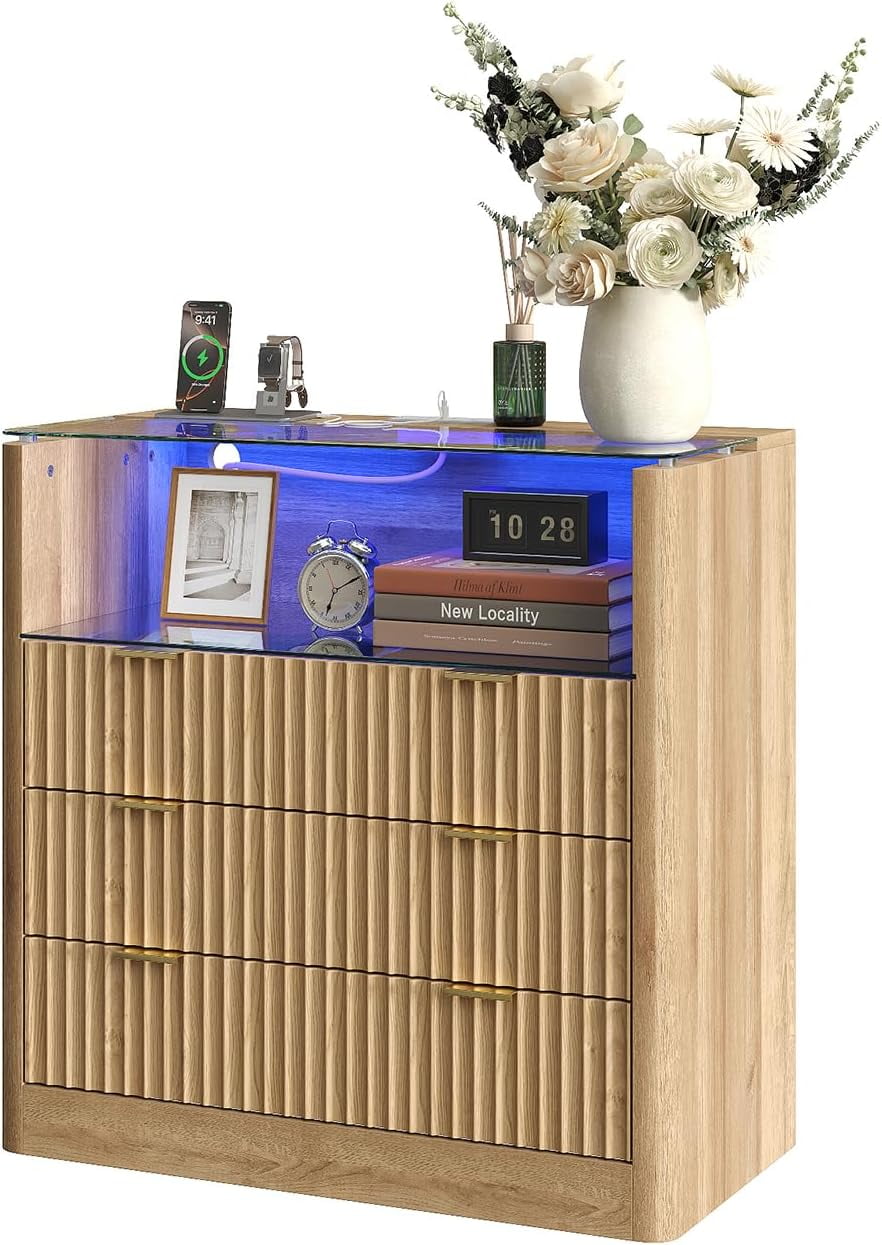 Oak Fluted Night Stand with 3 Drawers and Charging Station 31 Inch End ...