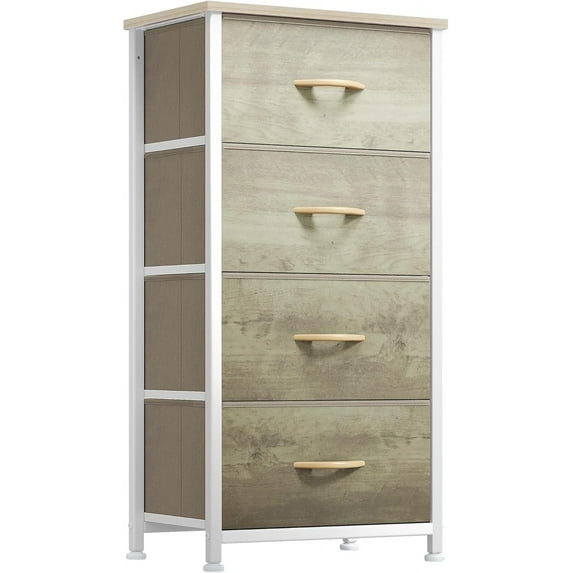 Oak Greige Fabric Dresser with 4 Drawers, Steel Frame Wooden Top ...
