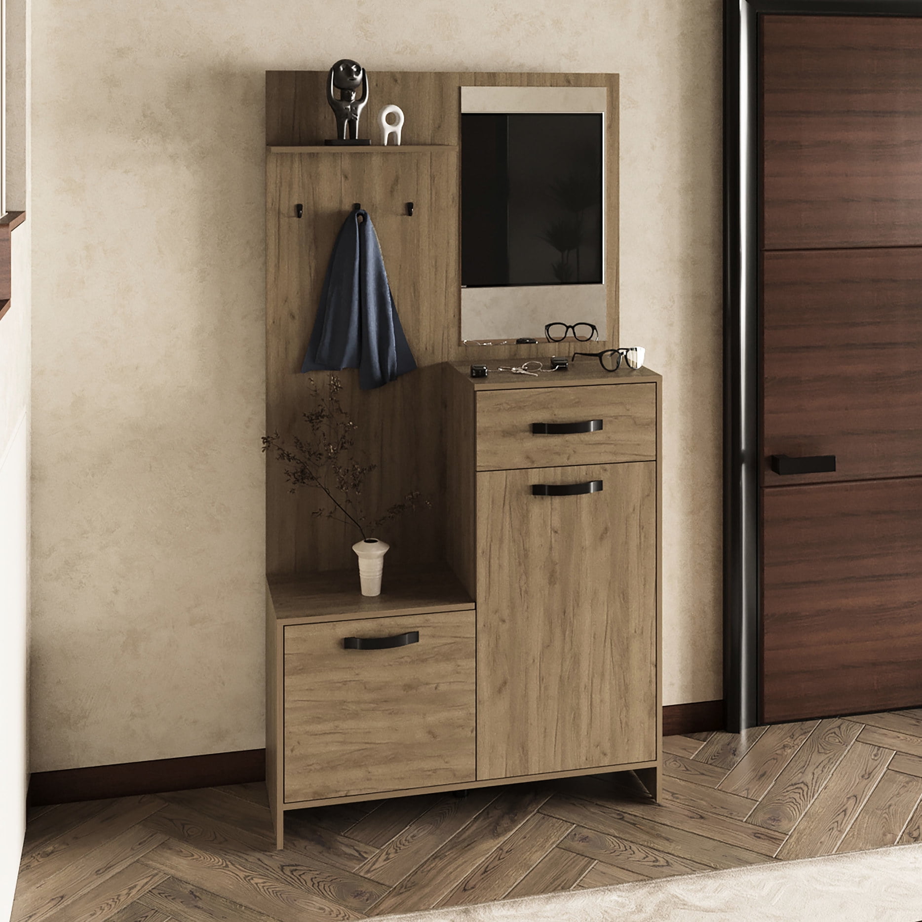 Oak Hall Tree with Drawer and Shelves - Organize Your Daily Items ...