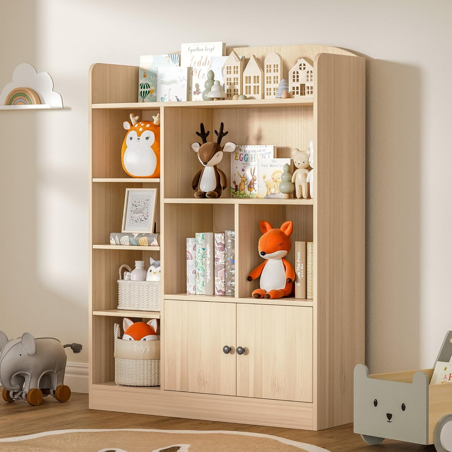 Oak Kids Bookshelf, Kids Bookcase with 7 Cubbies and 2 Cabinets ...