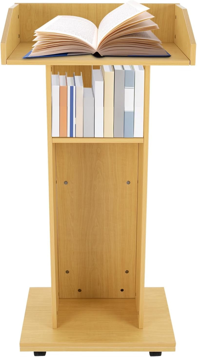 Oak Mobile Rolling Podium, Tier Movable Desk Lectern Laptop Workstation ...