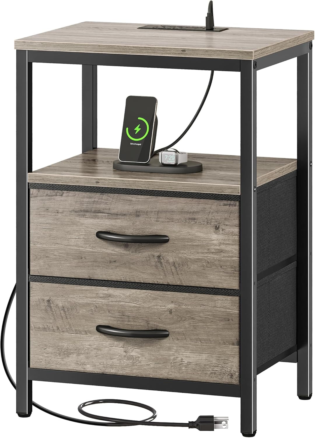 Oak Nightstand with Charging Station, Side Table Featuring Fabric ...