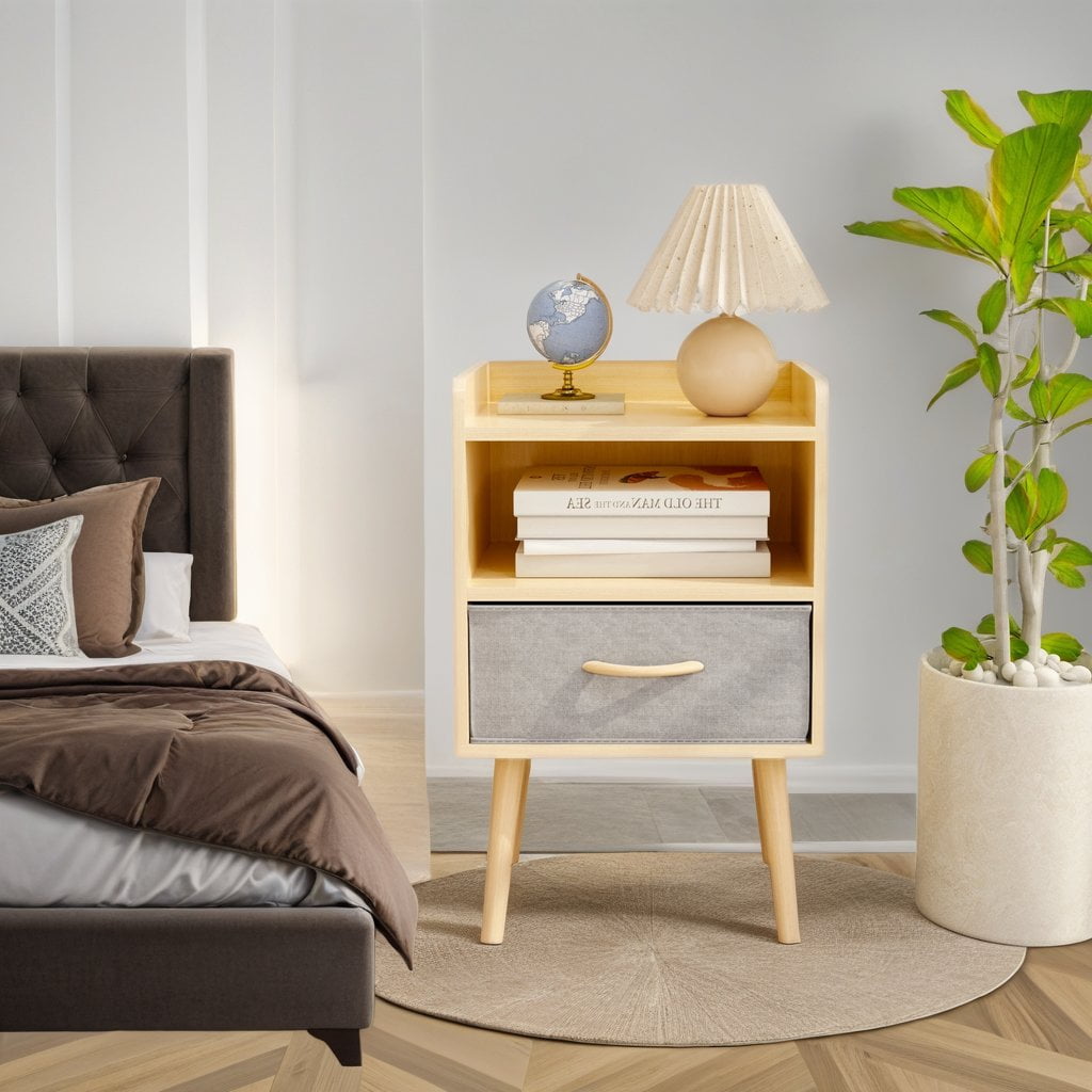 Oak Nightstand with 1 Fabric Drawers Tall Nightstand Dresser Side Table ...