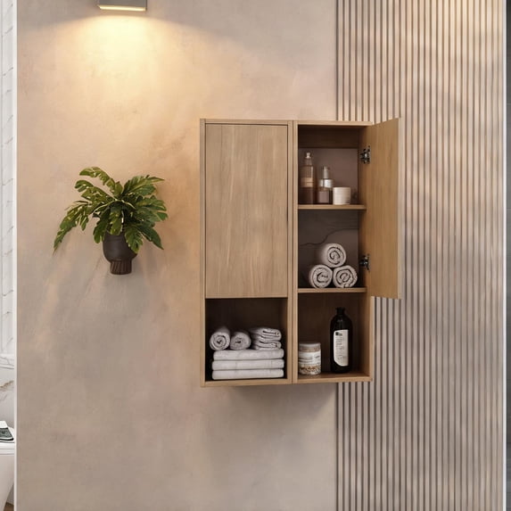 Oak Plywood Wall-Mounted Side Cabinet with Soft-Close Doors, 24-Inch ...
