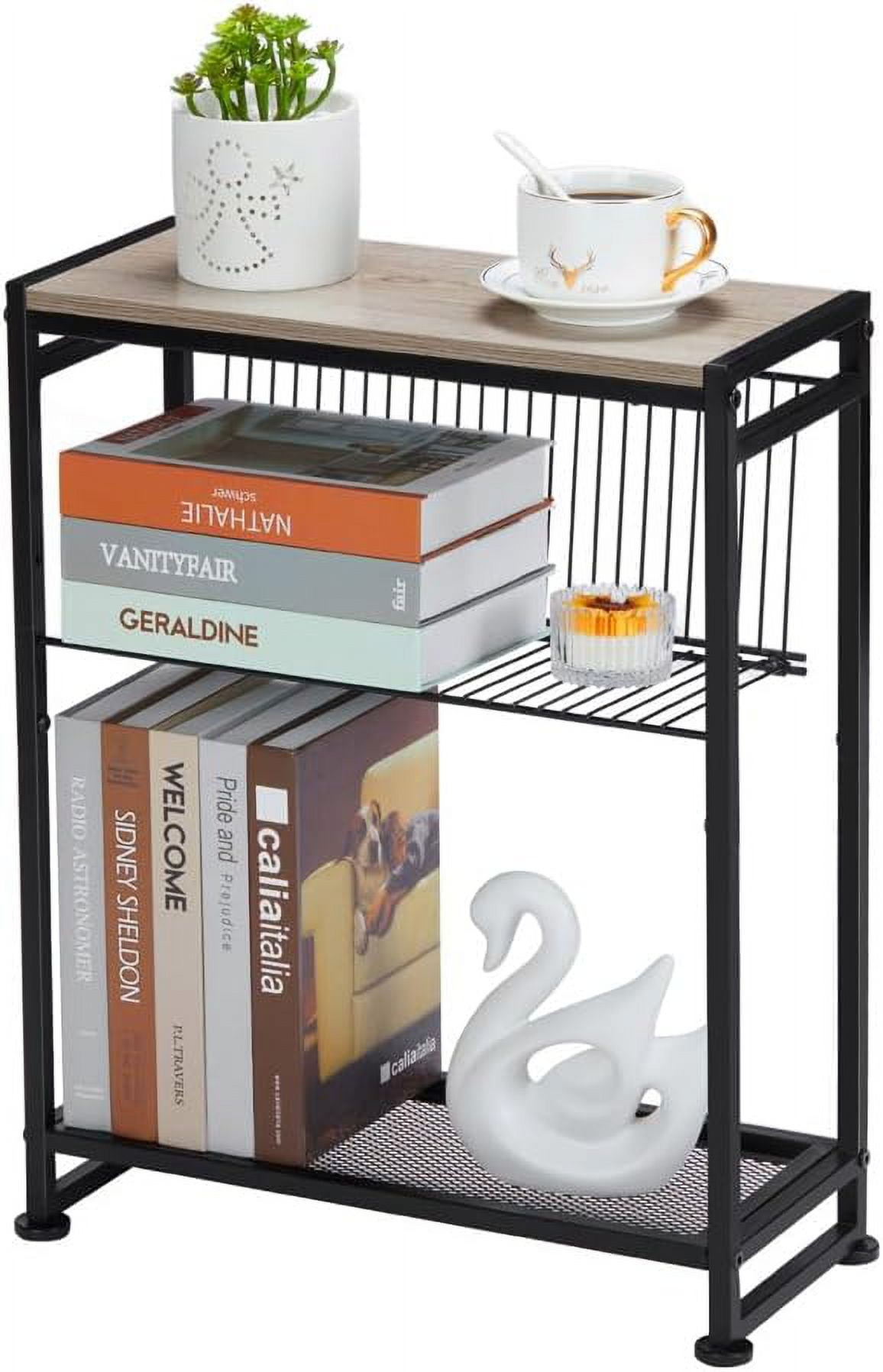 Oak Small Spaces Slim End Table with Magazine Holder - 2 in 1 Design ...