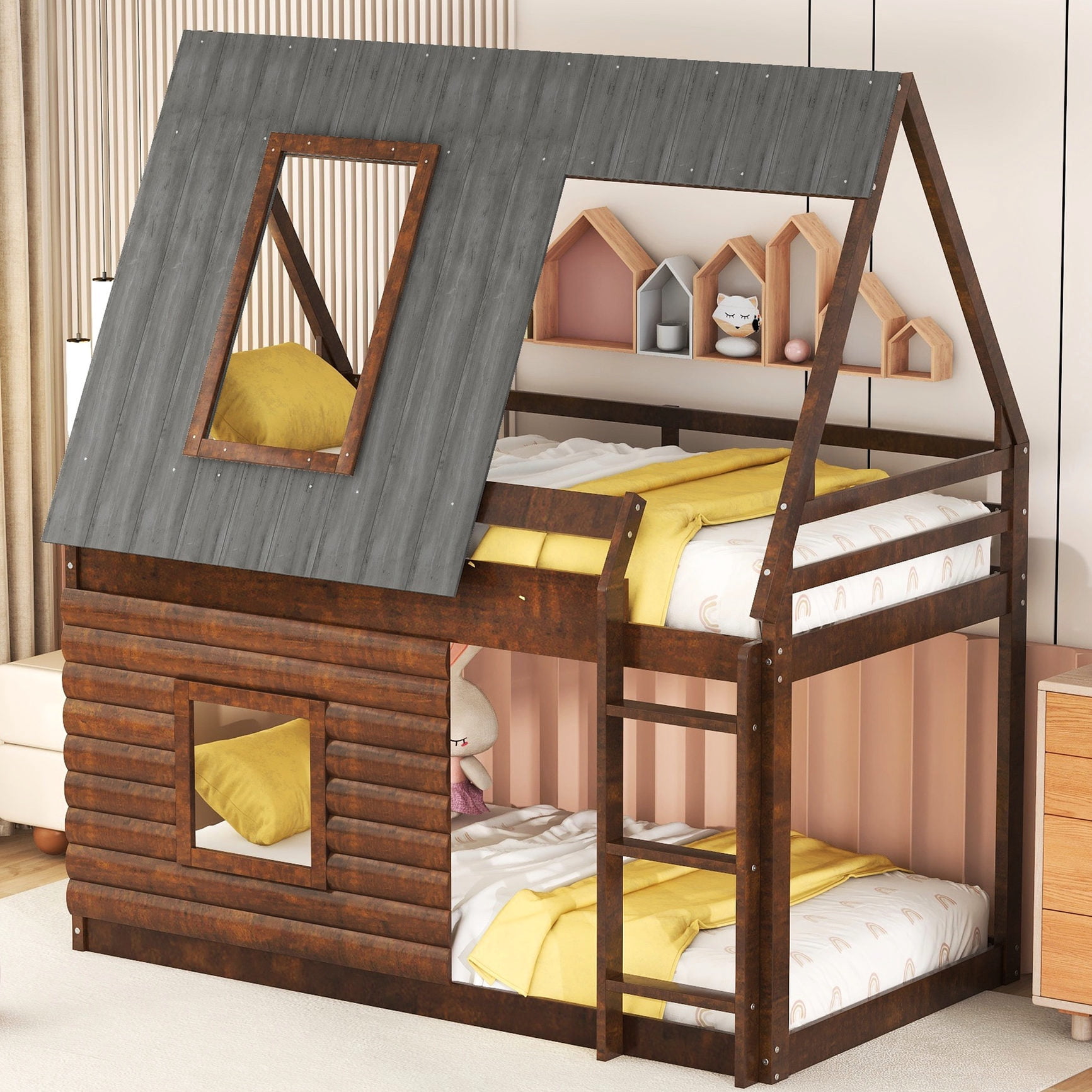 Oak & Smoky Grey Aesthetic - Twin Size House Bunk Bed for Style ...