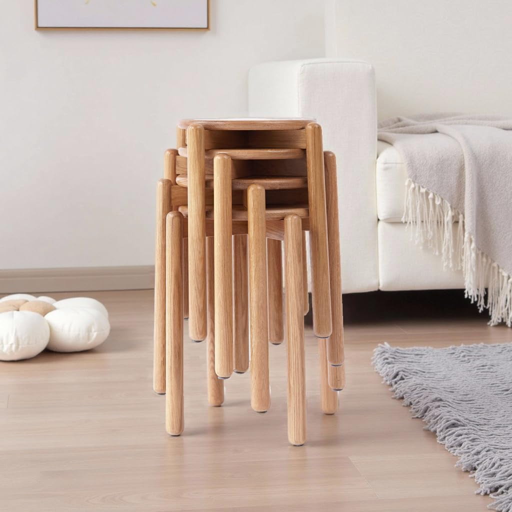 Oak Stackable Stool Set of 4, Small Stand, Round Wooden Stool for ...