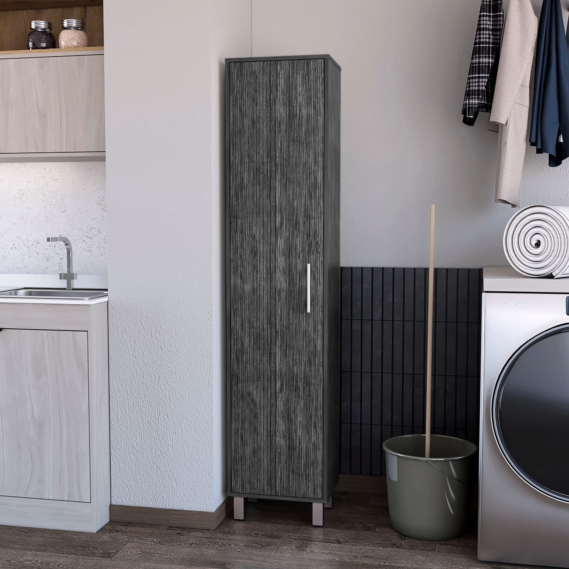 Oak Storage With 5 Shelves - Broom Hanging Feature, Space Optimization For Home Tall Cabinet In ...