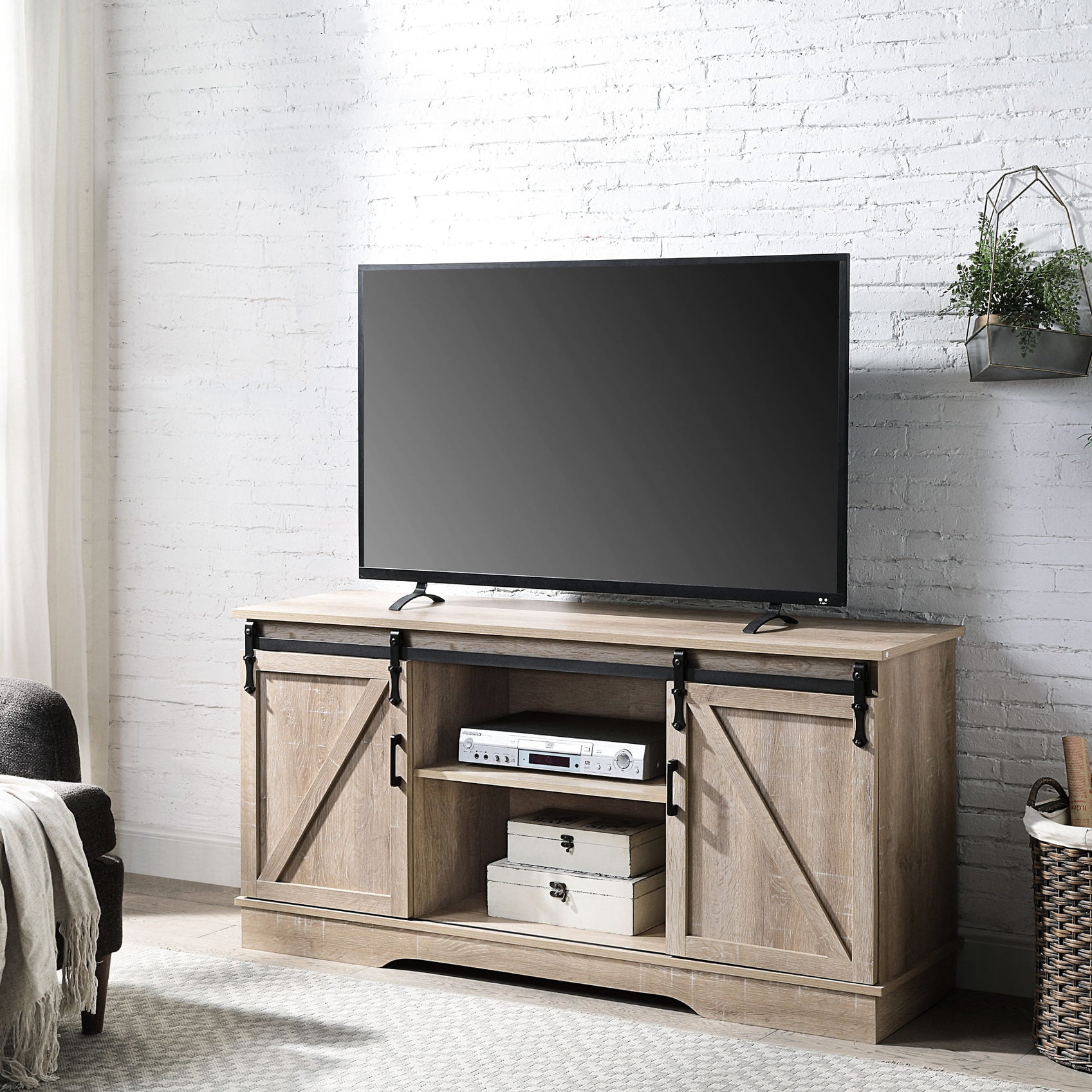 Oak TV Stand for Primary Living Space | Sliding Doors Provide Ample ...