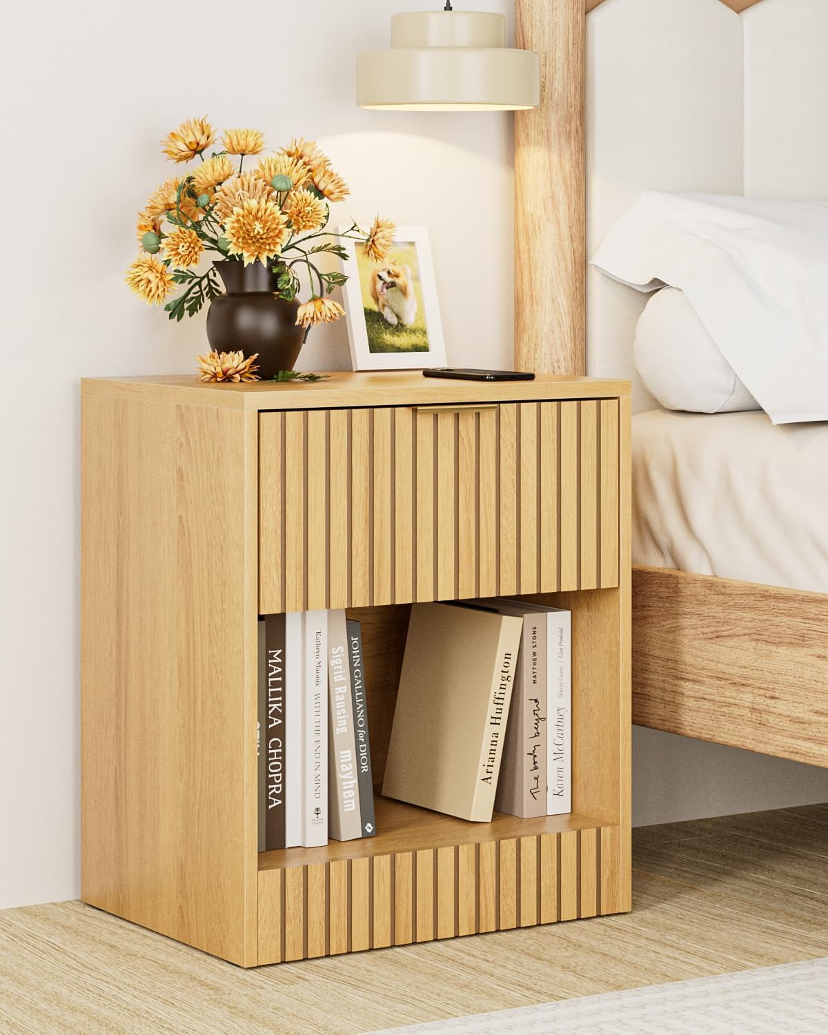 Oak Tall Extra Large Nightstand, Modern Bedside Table with Drawer and ...