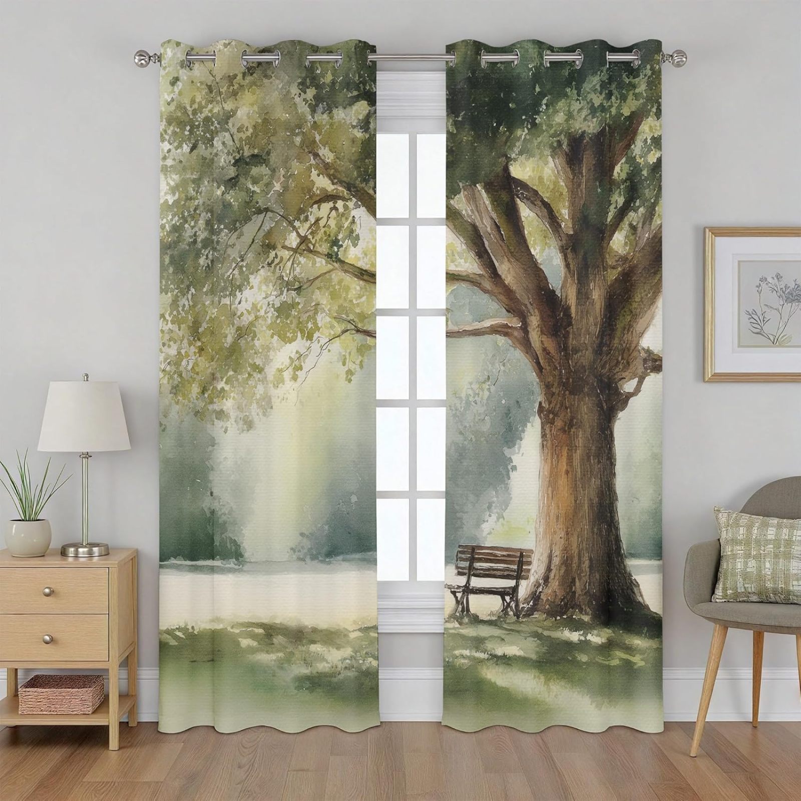 Oak Tree Bench Grommet Curtains Window Treatment, Watercolor Painting ...