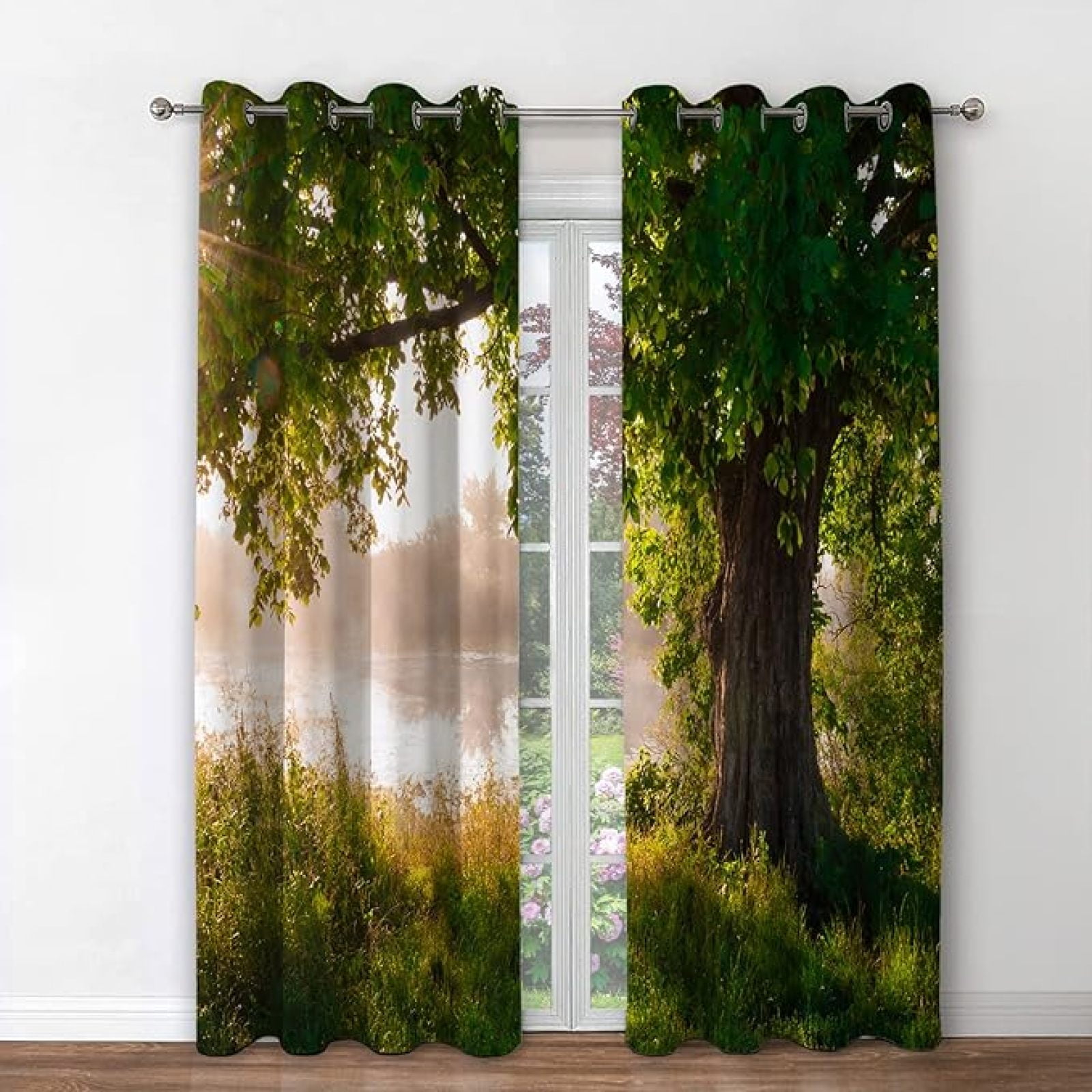Oak Tree Forest Blackout Curtains Green Jungle Nature Landscape Foggy ...
