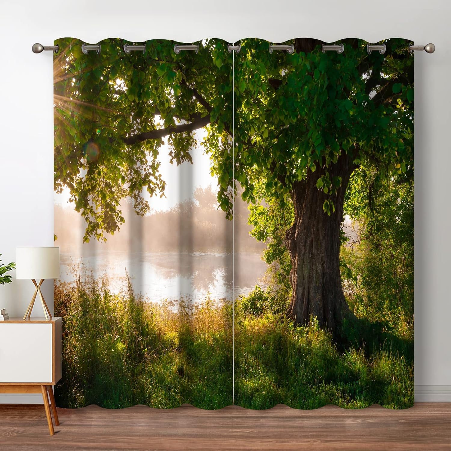 Oak Tree Forest Blackout Curtains Green Tree Jungle Nature Landscape Foggy Scenery Stream View ...