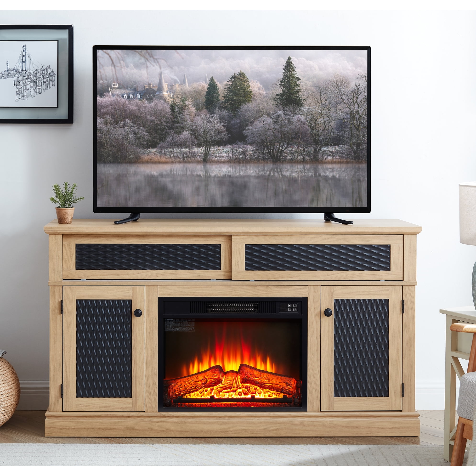 Oak Tv Console With Fireplace Insert - Ample Space, Fits 65" Tv, Living ...