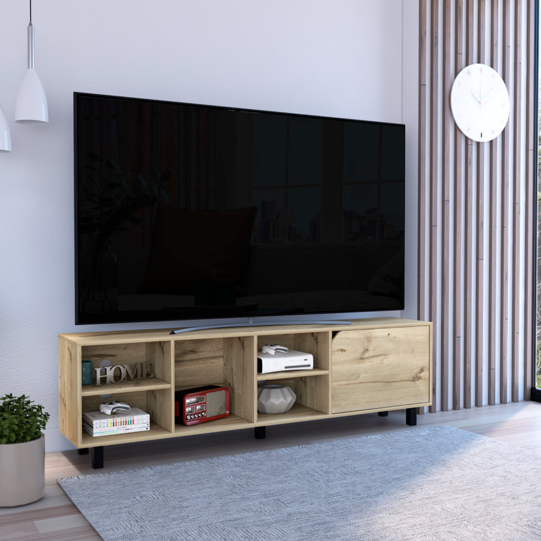 Oak Tv Stand For 70" Screens, Four Shelves Label Printers, Five Legs Tv ...