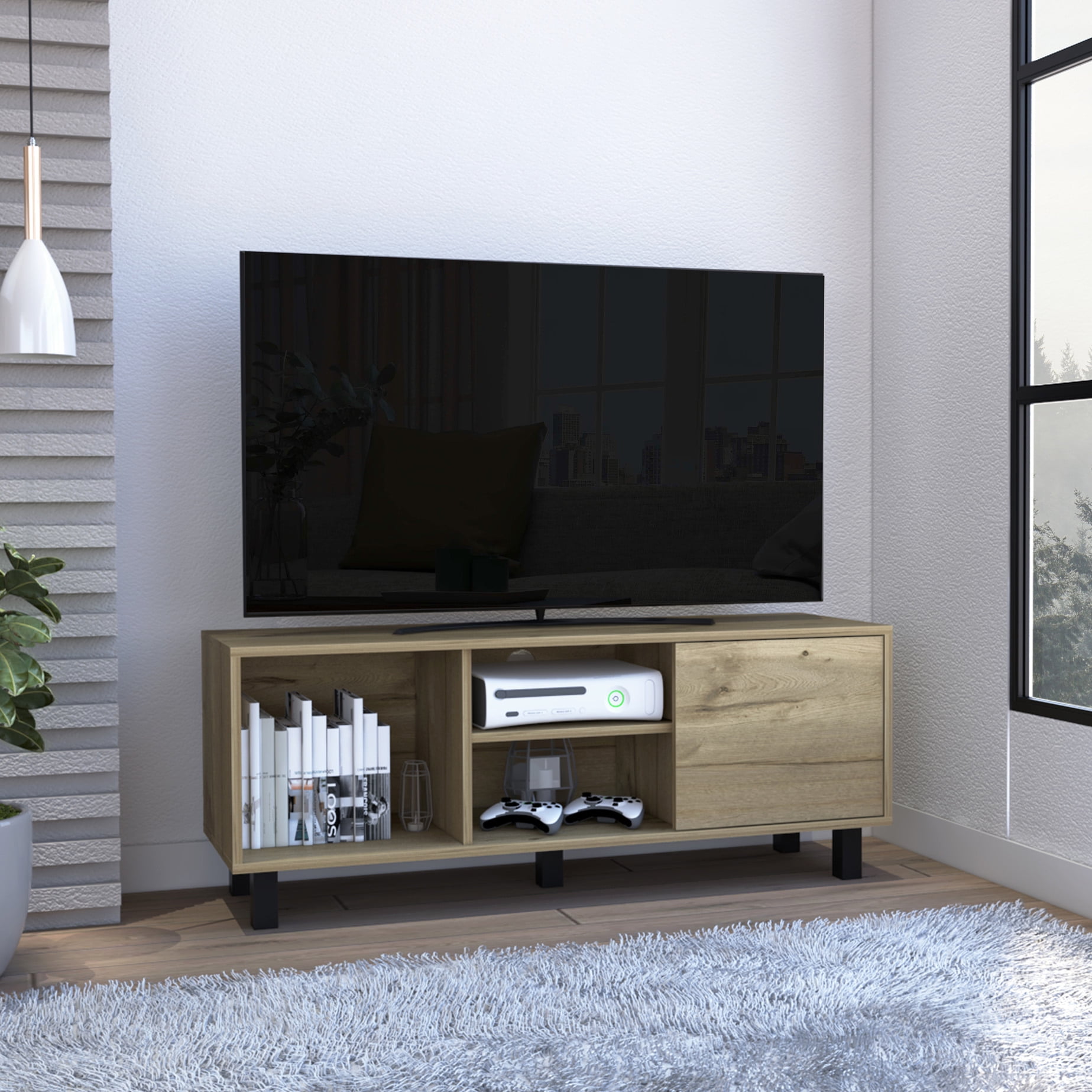 Oak Tv Stand With 4 Shelves And 1 Hidden Compartment For 40-49 Inch Tvs ...