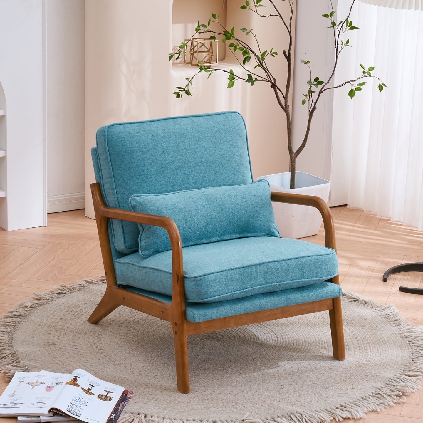Oak Upholstered Armchair with Back and Seat Cushion, Modern Single ...