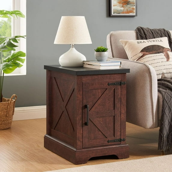 Oak Wood Rectangular Farmhouse End table Nightstand with Barn Door and ...