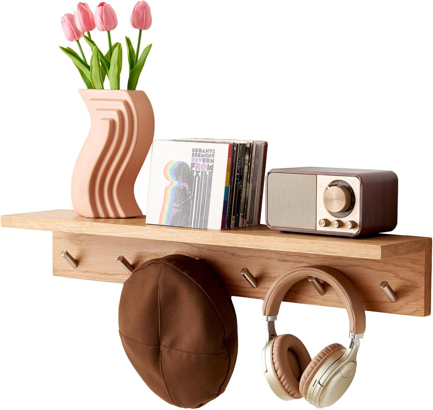 Oak Wood Wall Shelf with 6 Hooks, Entryway Shelf Coat Rack with Hooks ...