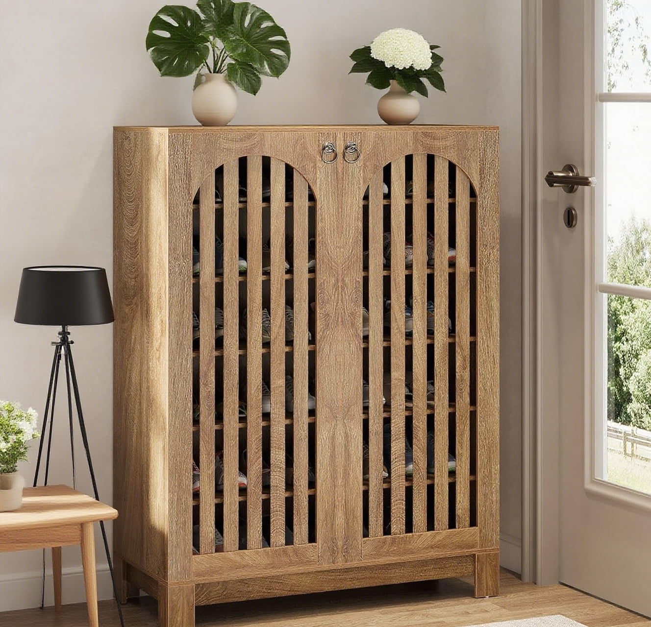 Oak Wooden Shoe Cabinet with Louver Doors, 6-Tier Entryway Shoe Rack ...