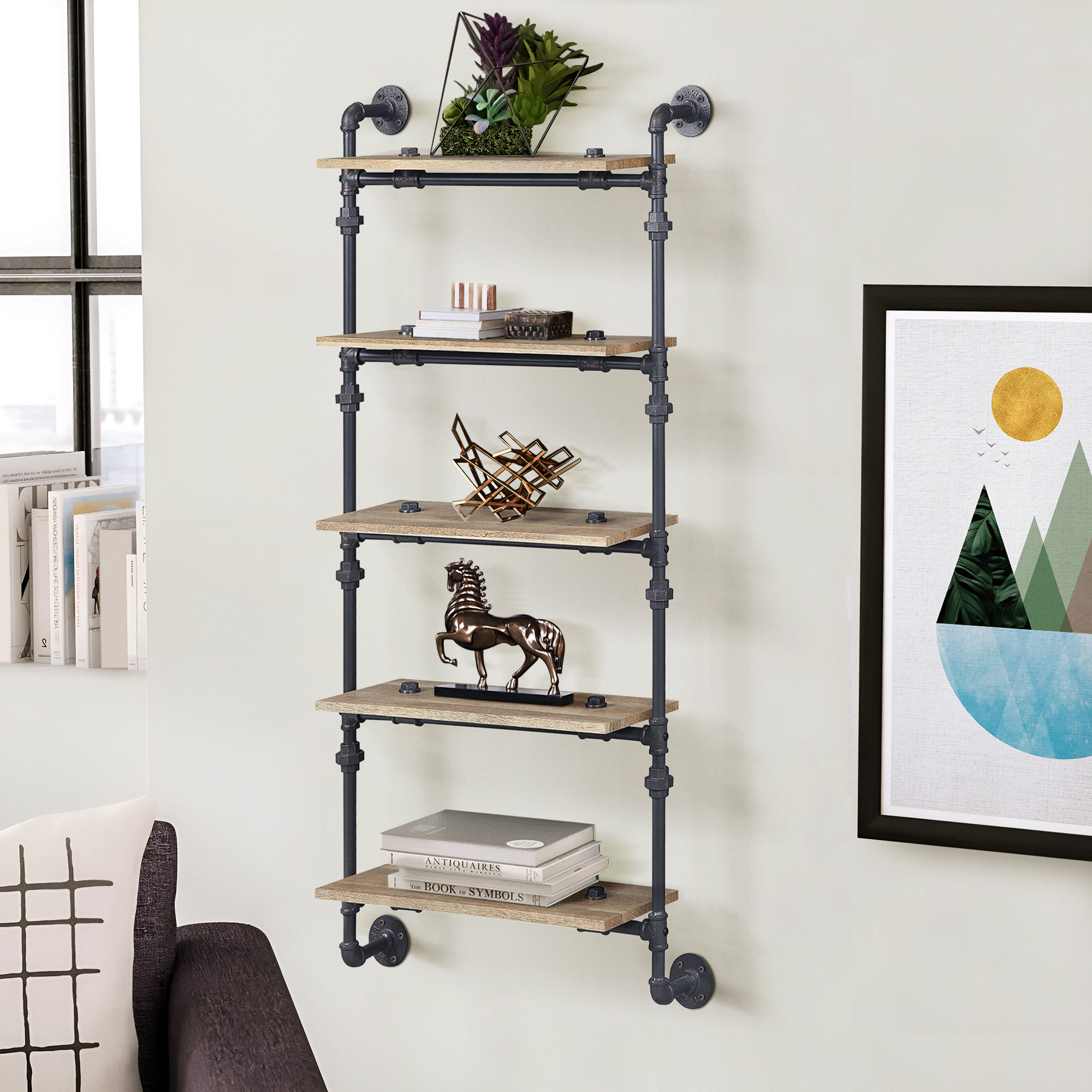 Oak and Black Industrial 5-Shelf Wall Rack - Storage and Display ...