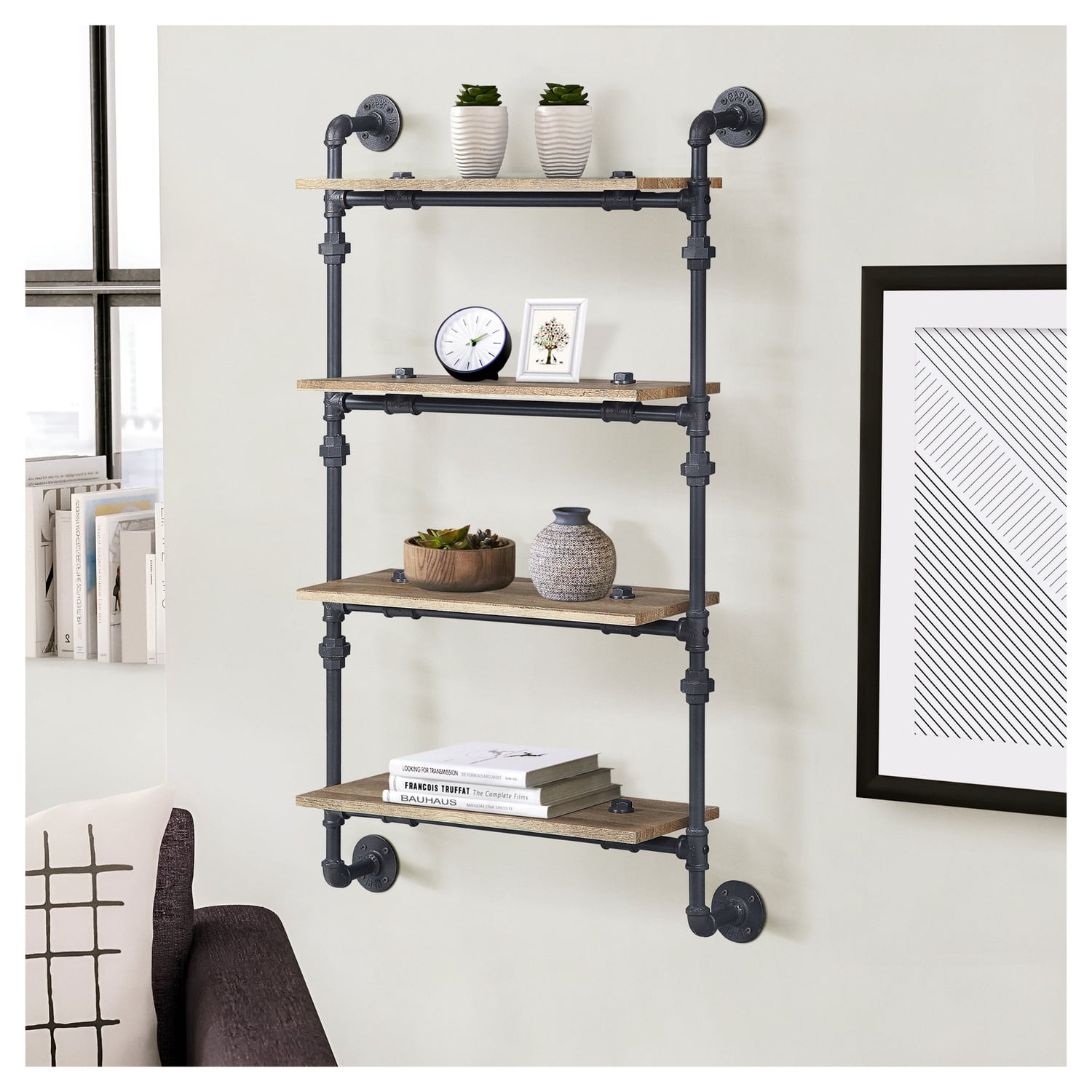 Oak and Sandy Black Rectangle 4-tier Wall Shelf 4 + Natural+Black ...