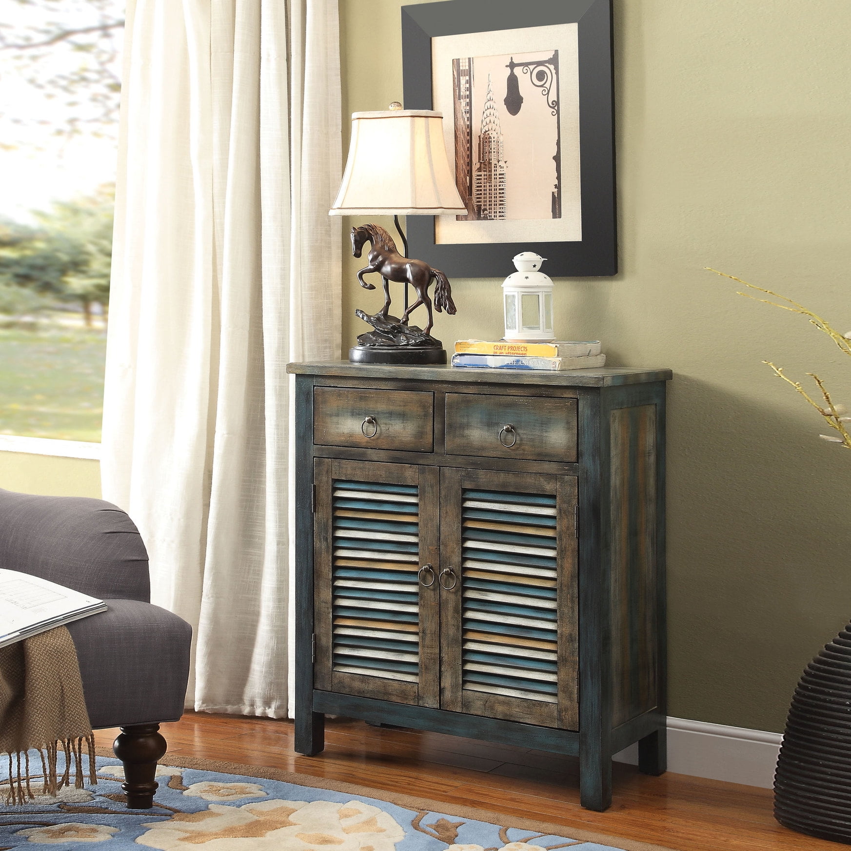 Oak and Teal 2-door Table / For a Timeless Look / Drawers for Easy ...