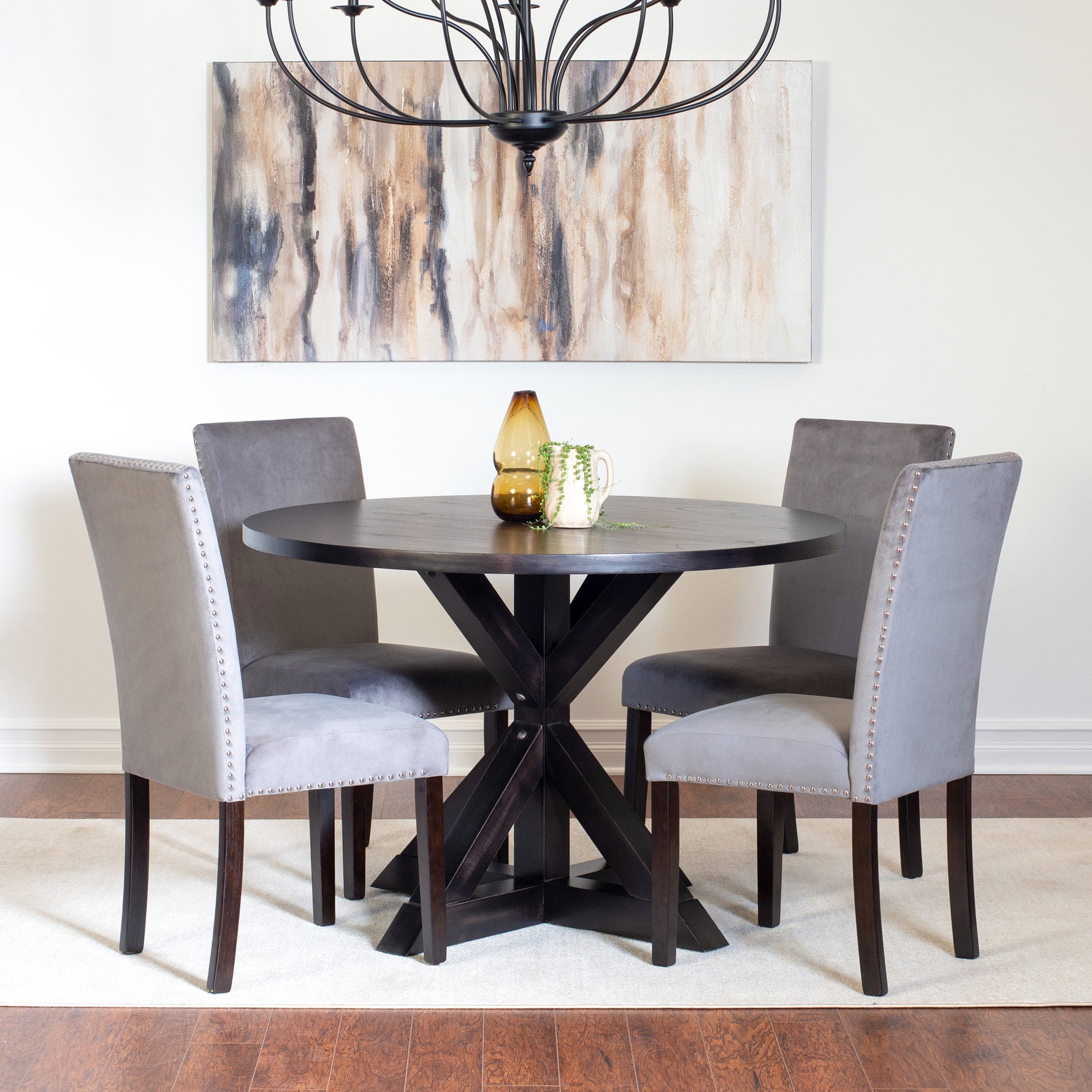 Oak veneer and MDF tabletop - Round table with cross-buck, velvet ...