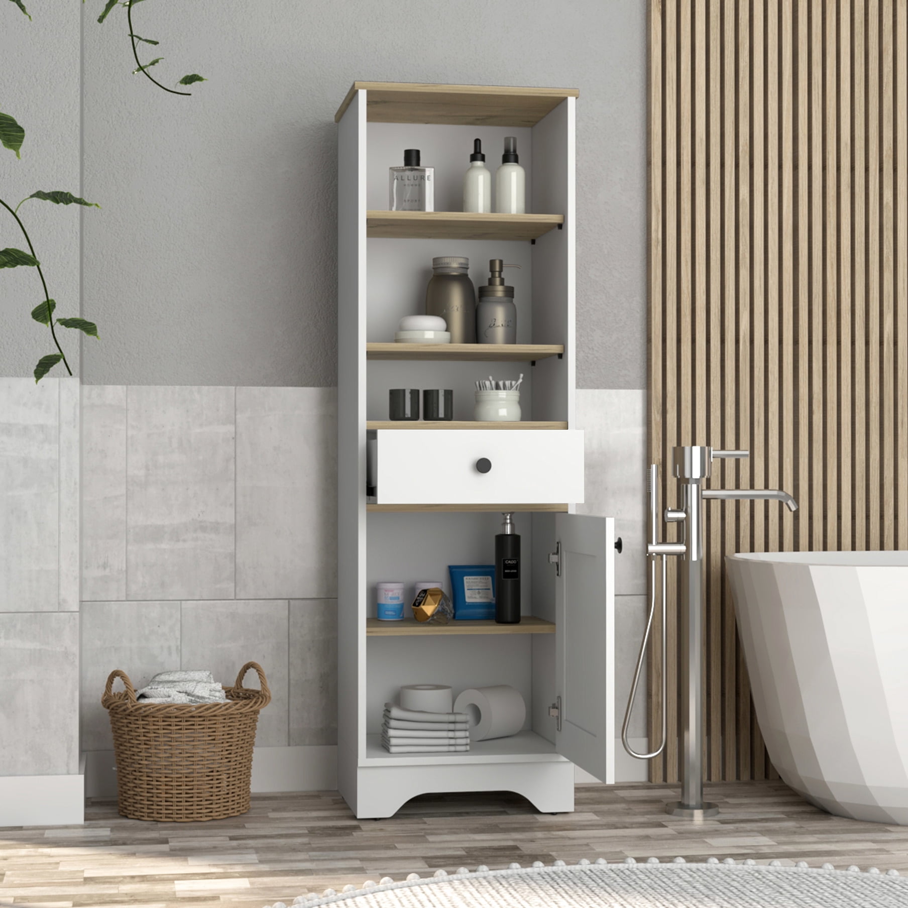 Oak/white Linen Cabinet For Bathroom, Multiple Shelves & Vast Storage ...
