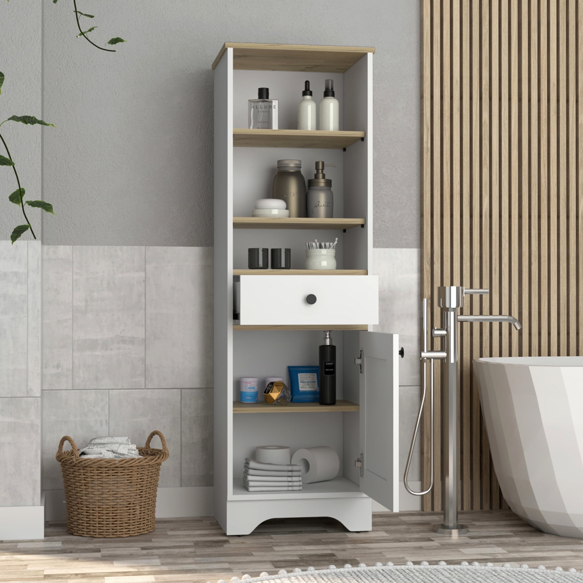 Oak/white Linen Cabinet, Multiple Shelves For Bathroom, Copious Storage ...