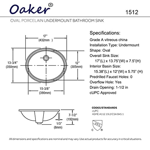 Oaker 1512 Oval Undermount Bathroom Sink in White Color Cutout Size 15 ...