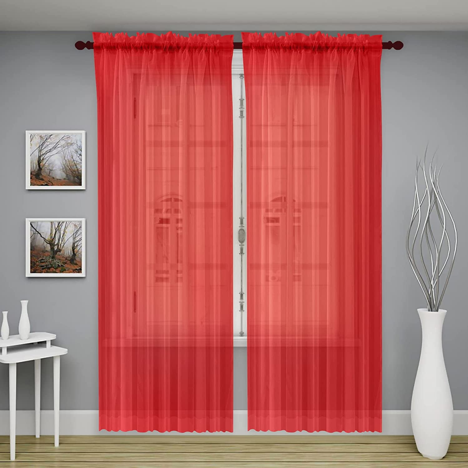 Oakias Red Sheer Curtains 84 Inches Long 2 Panels- Each 54" W x 84" L ...