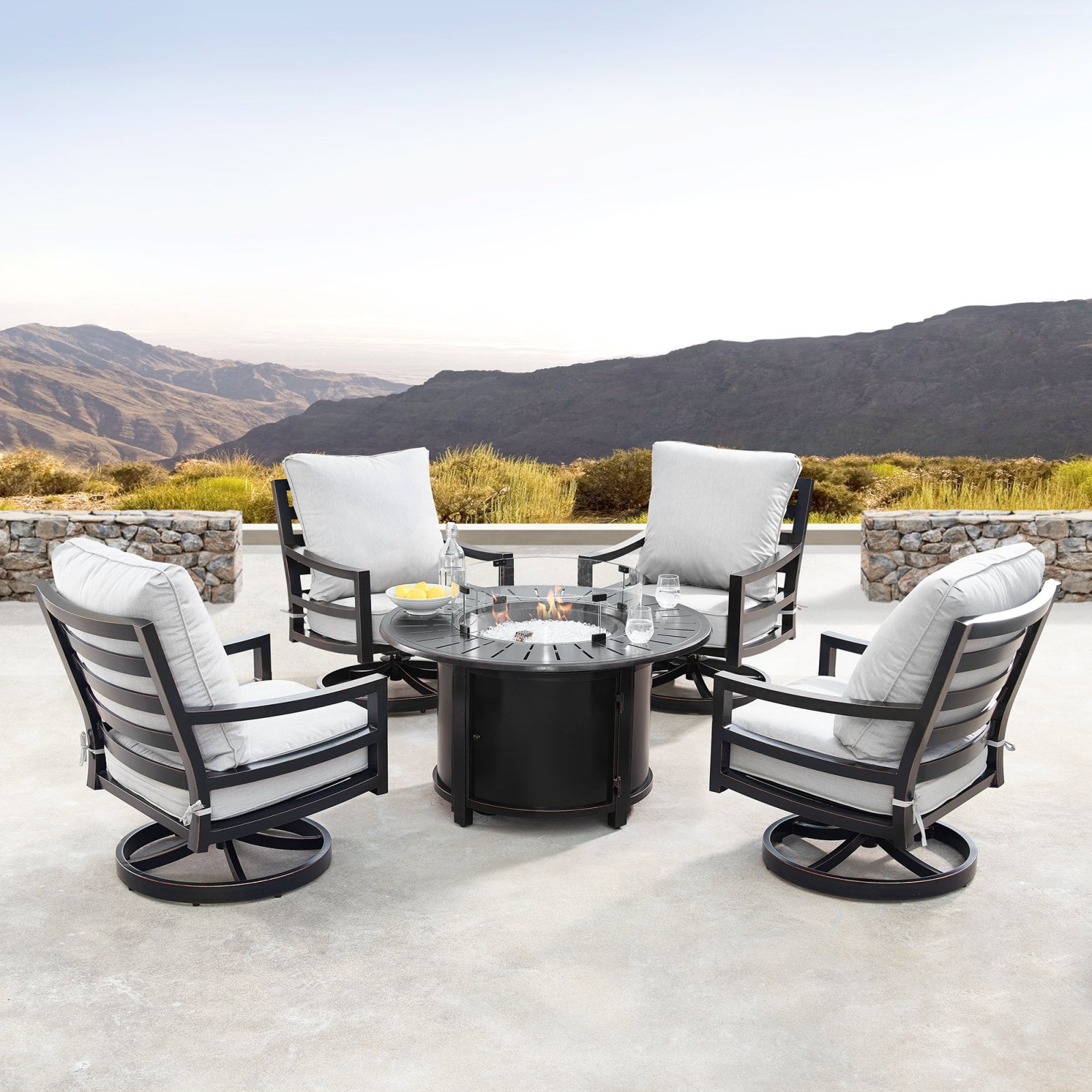 Oakland Living 44 in. Outdoor Aluminum Round Fire Table Set with Four ...
