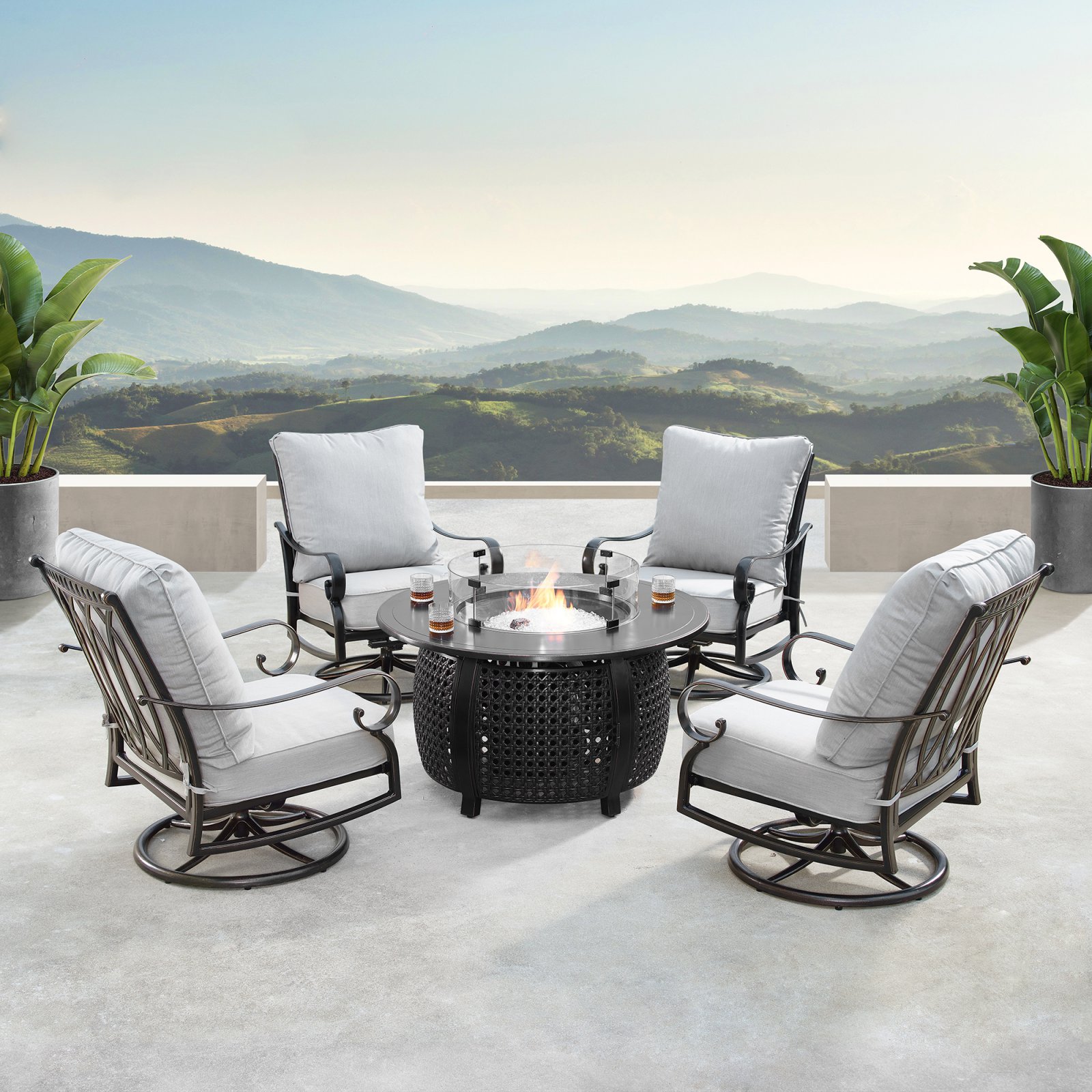 Oakland Living 44 in. Outdoor Aluminum Round Fire Table Set with Four ...