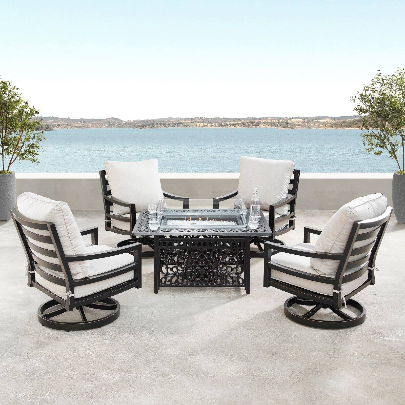 Oakland Living Hudson Cabos Aluminum 5 Piece Propane Fire Pit Chat Set ...