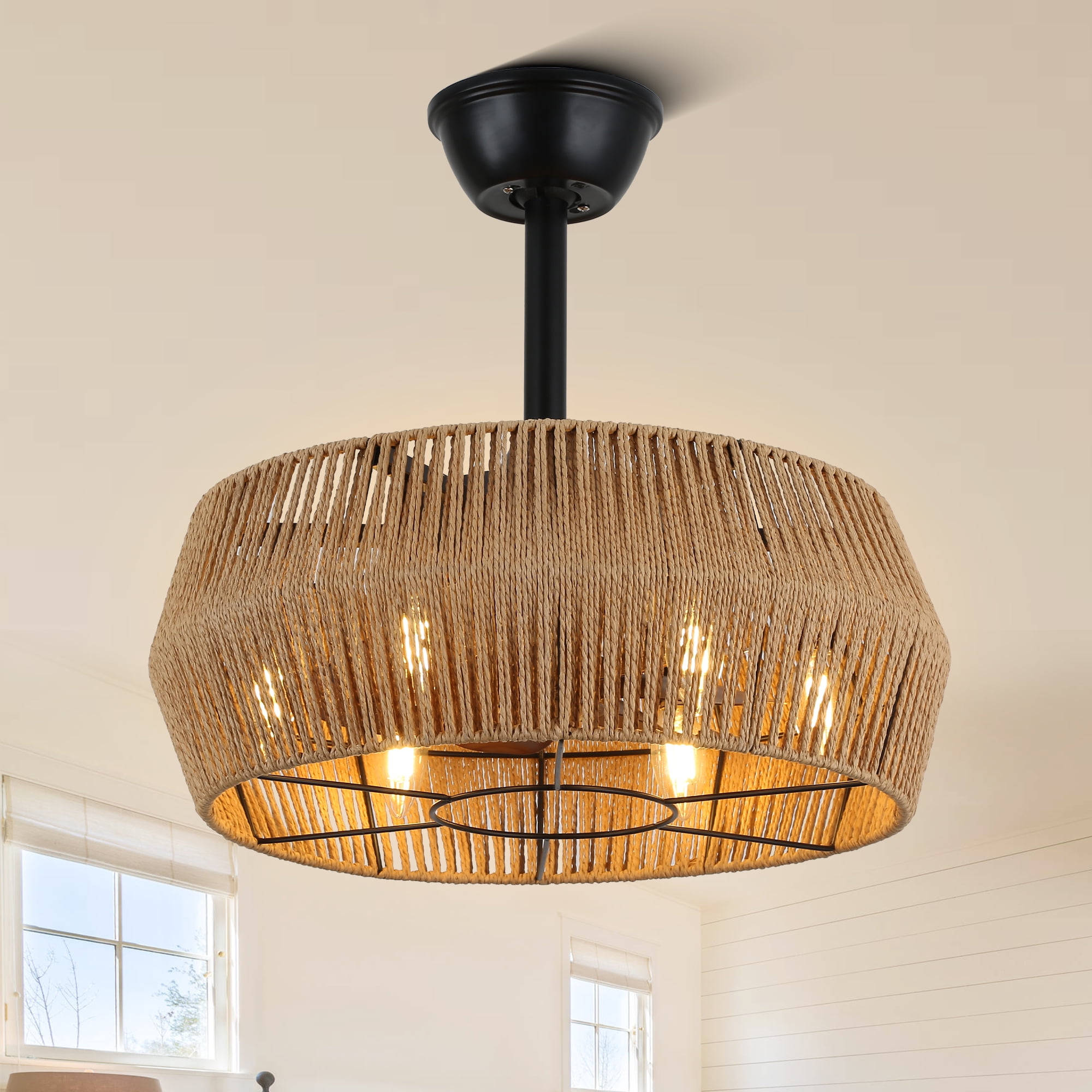 Oaks Aura 18" Rattan Hemp Drum Style Boho Caged Ceiling Fan with Lights ...
