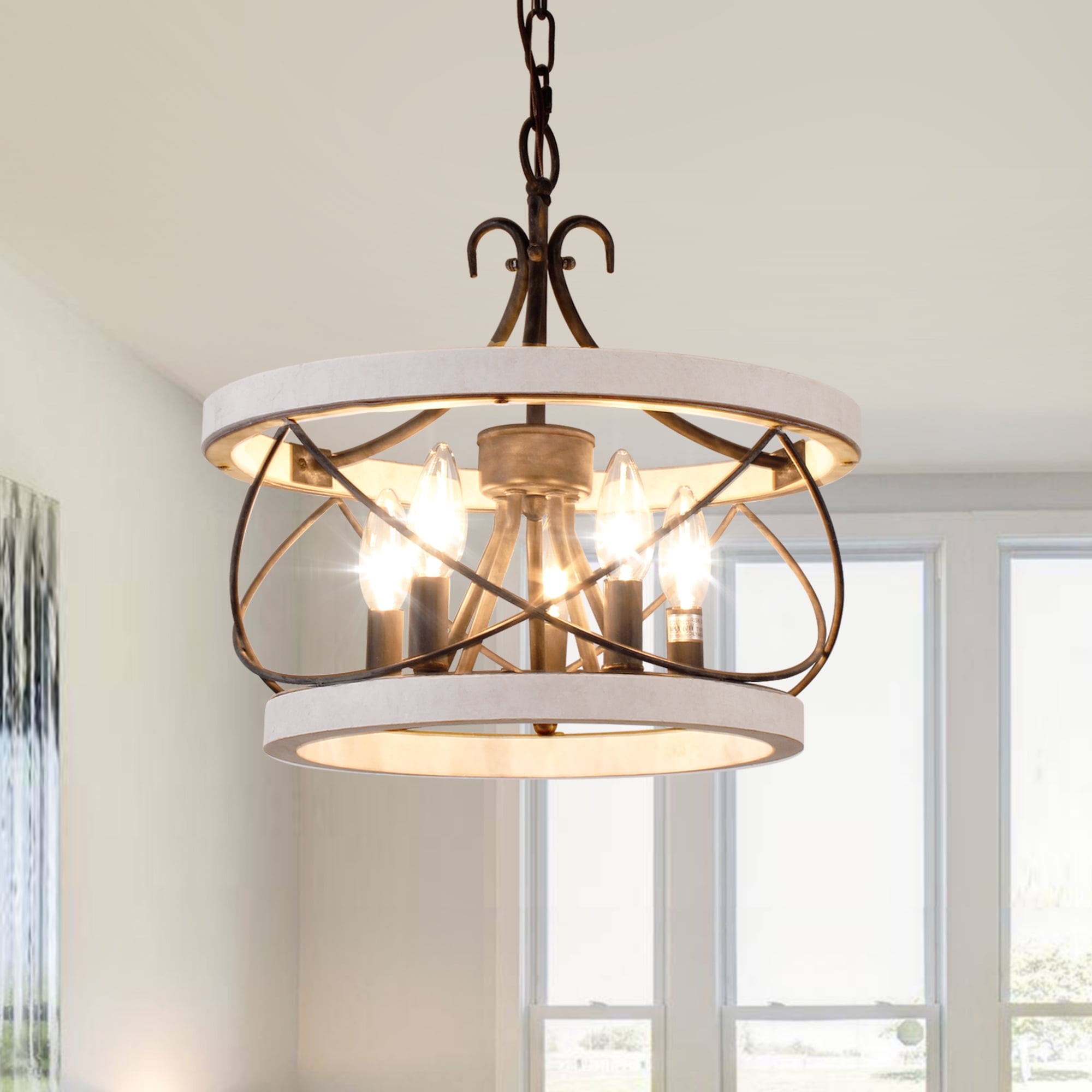 Oaks Aura 5-Light Wood Farmhouse Drum Chandelier, Adjustable Height ...