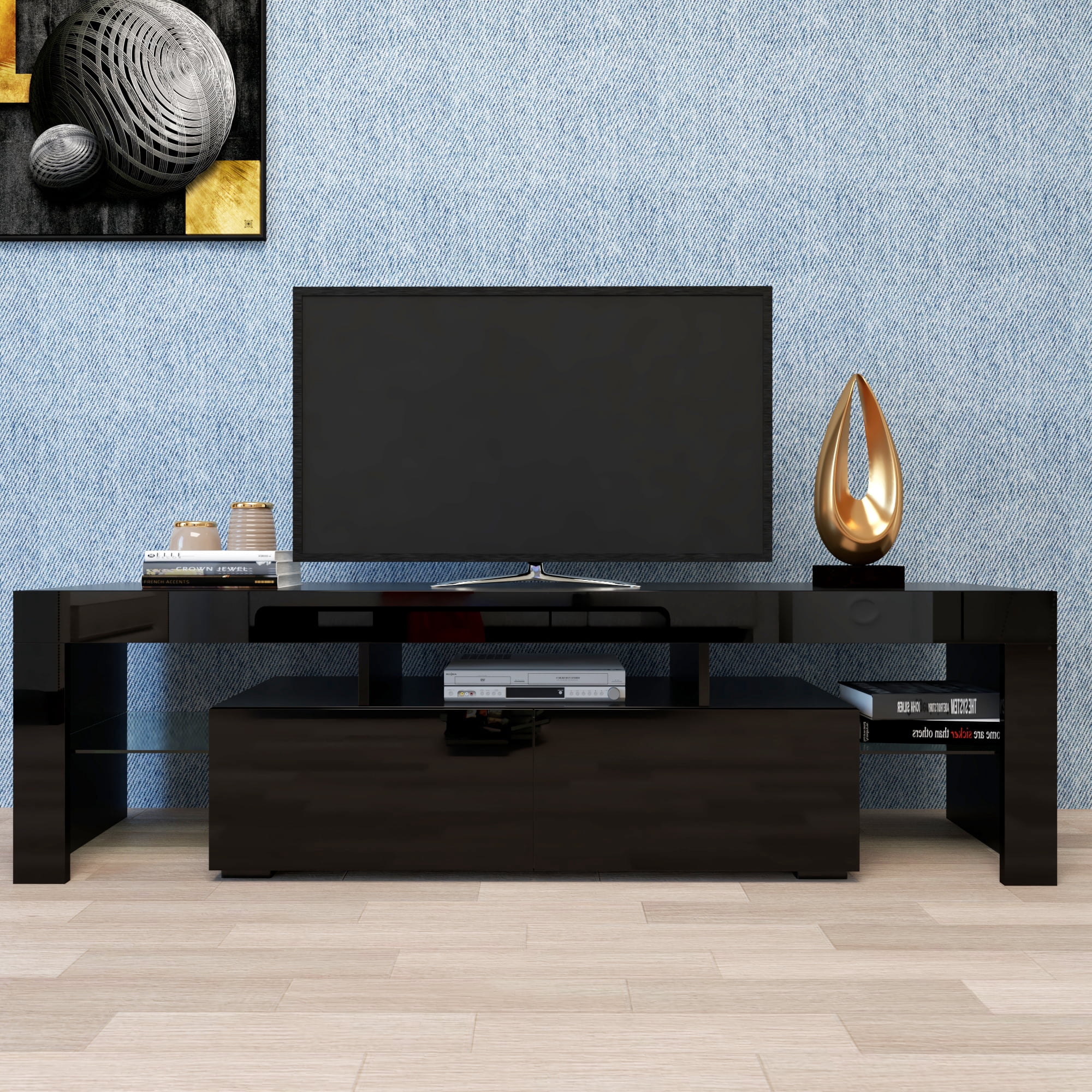 Oaks Aura Modern Black TV Stand, 20 Colors LED TV Stand w/Remote ...