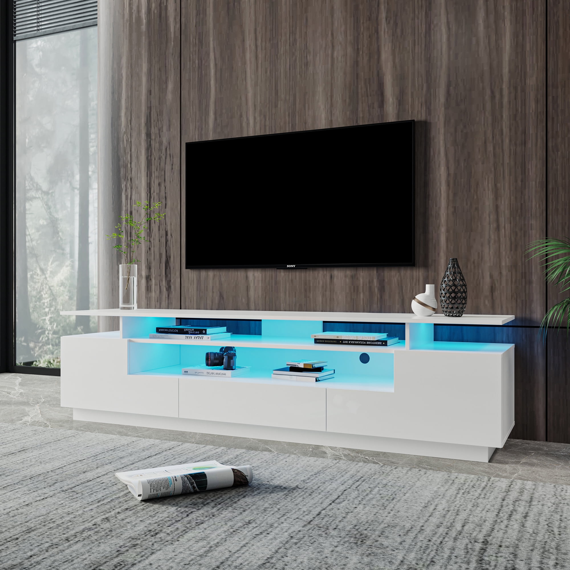 Oaks Aura Modern White TV Stand, 20 Colors LED TV Stand w/Remote ...