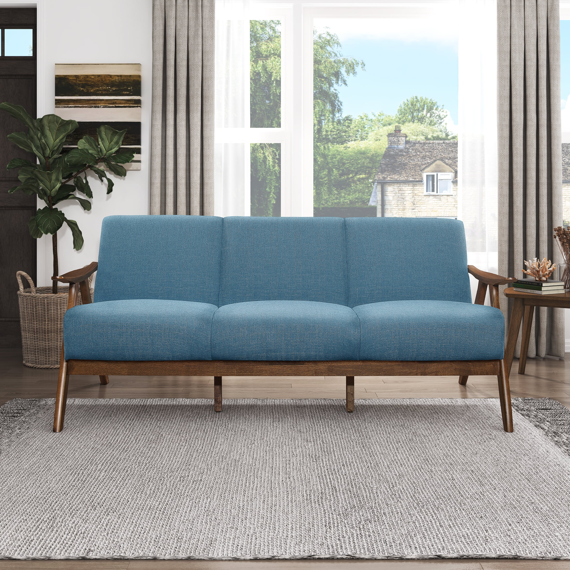 Free Shipping! OakvillePark Ecola Retro Blue Fabric Couch with Walnut ...