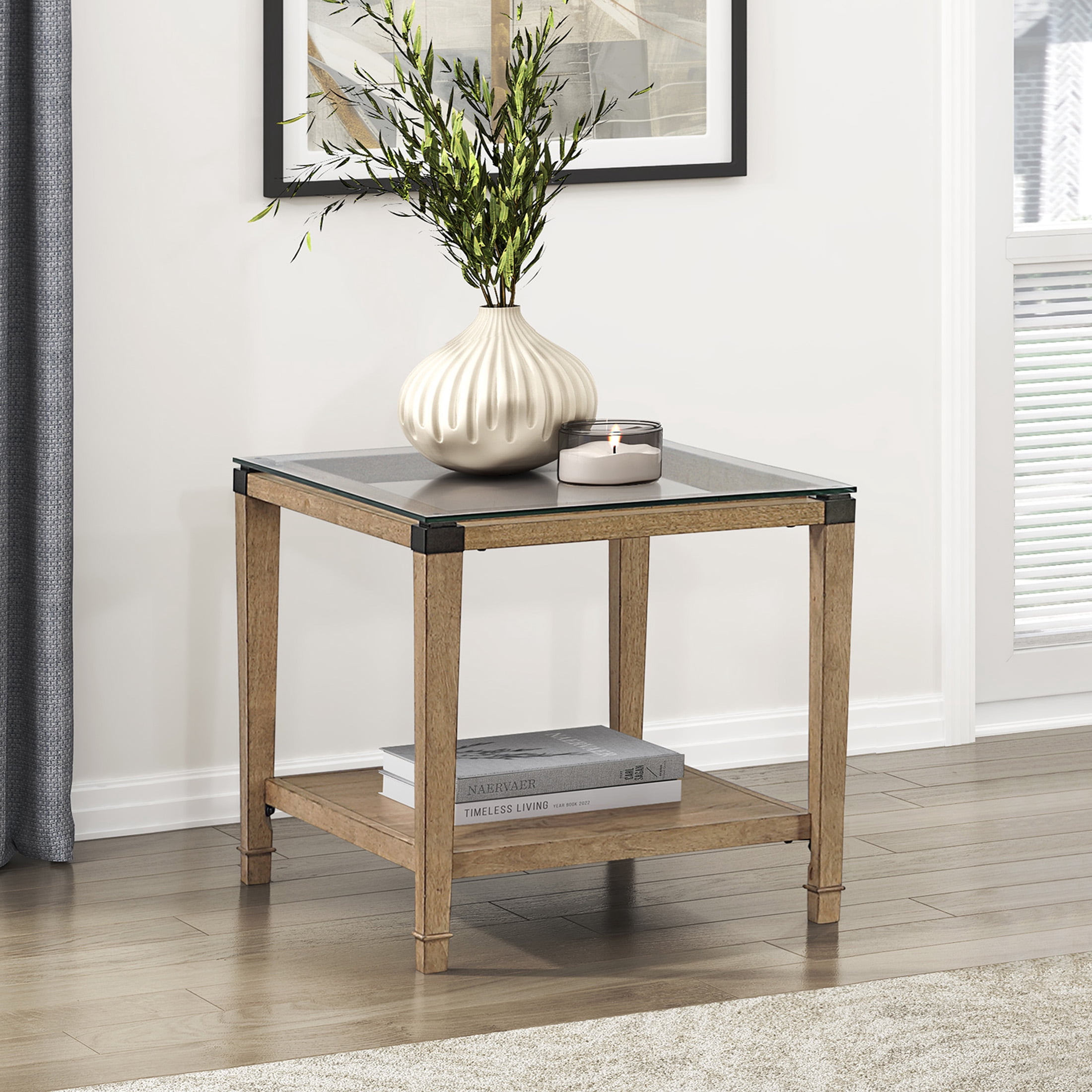 OakvillePark Velor Wood End Table with Tempered Glass Table Top, Open ...