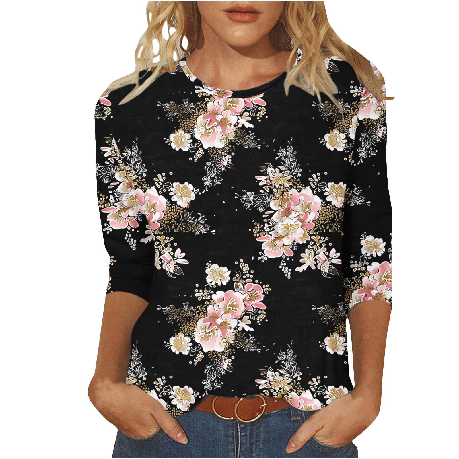 Oalirro Black Ladies Fashion Tops and Blouses Crew Neck Three-Quarter ...