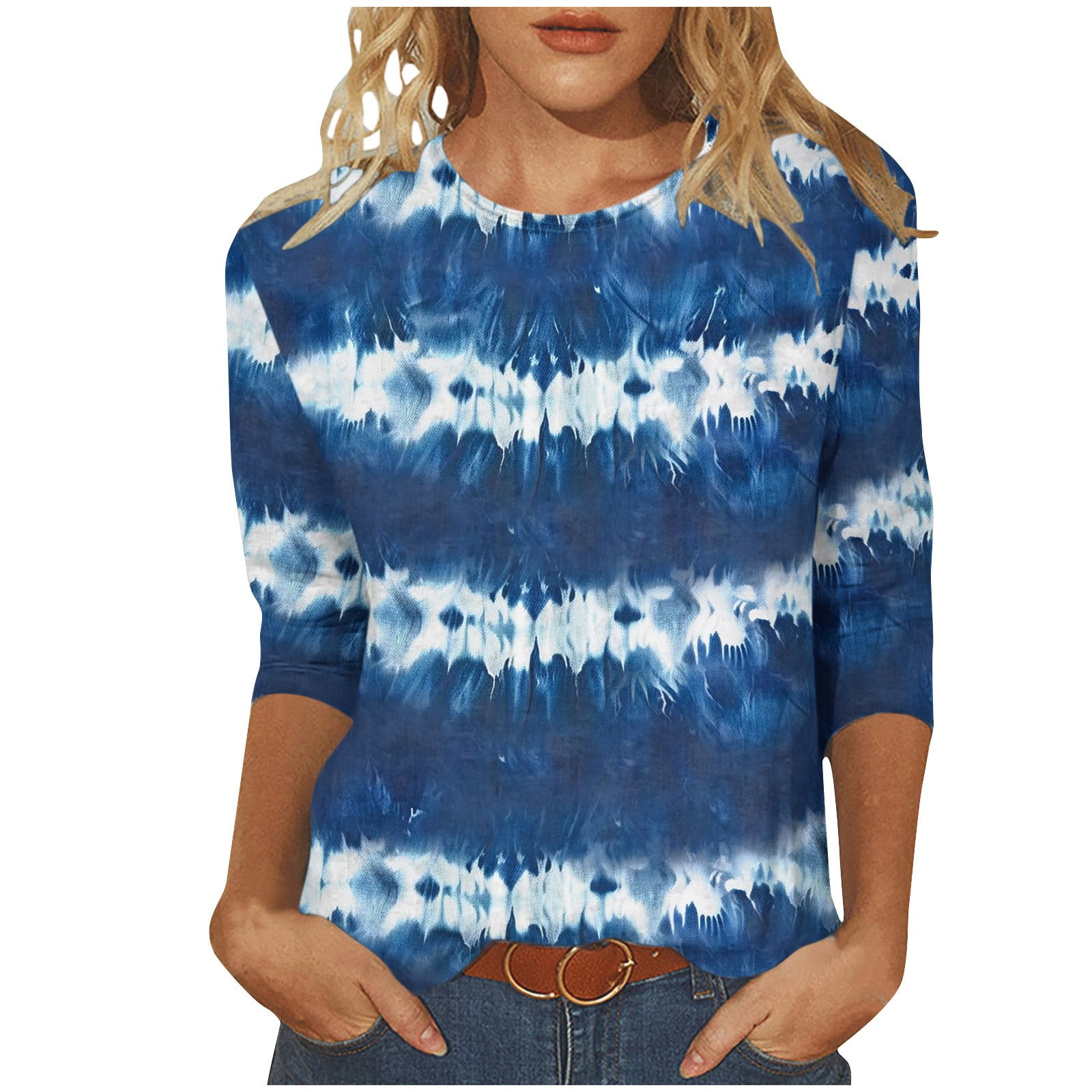 Oalirro Blue Ladies Tops Workwear Casual Round Neck Three-Quarter ...